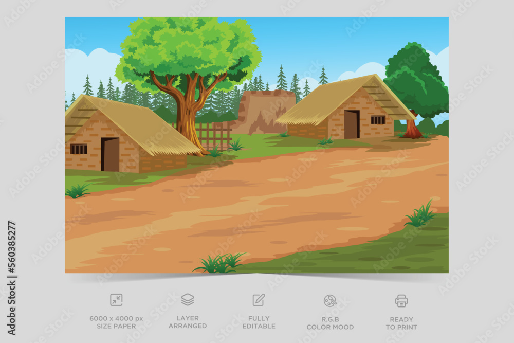 Indian Village Background Illustration. Rural mountain landscape and ...
