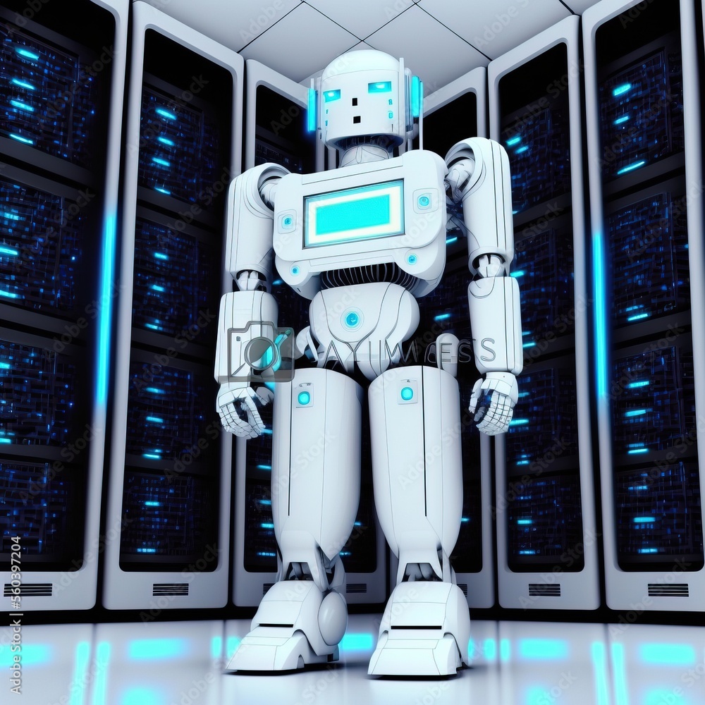 Cyborg Robot 3d render. Robotic process automation RPA data analysis in server room. Generative ...