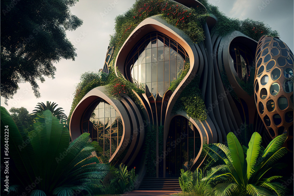 Eco green architecture solarpunk futuristic building in forest ...