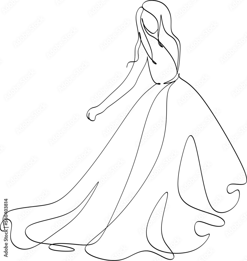Beautiful woman in long flowing dress in continuous line art drawing ...