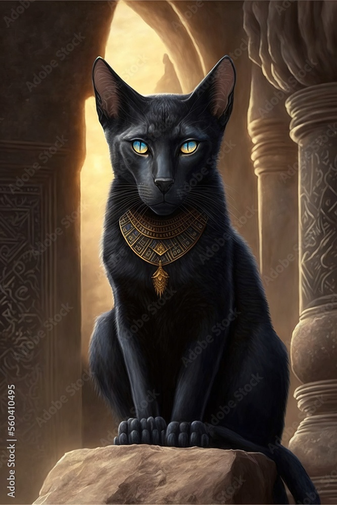Portrait of an ancient Egyptian black cat with golden ornaments. Ancient Egyptian goddess Bastet ...