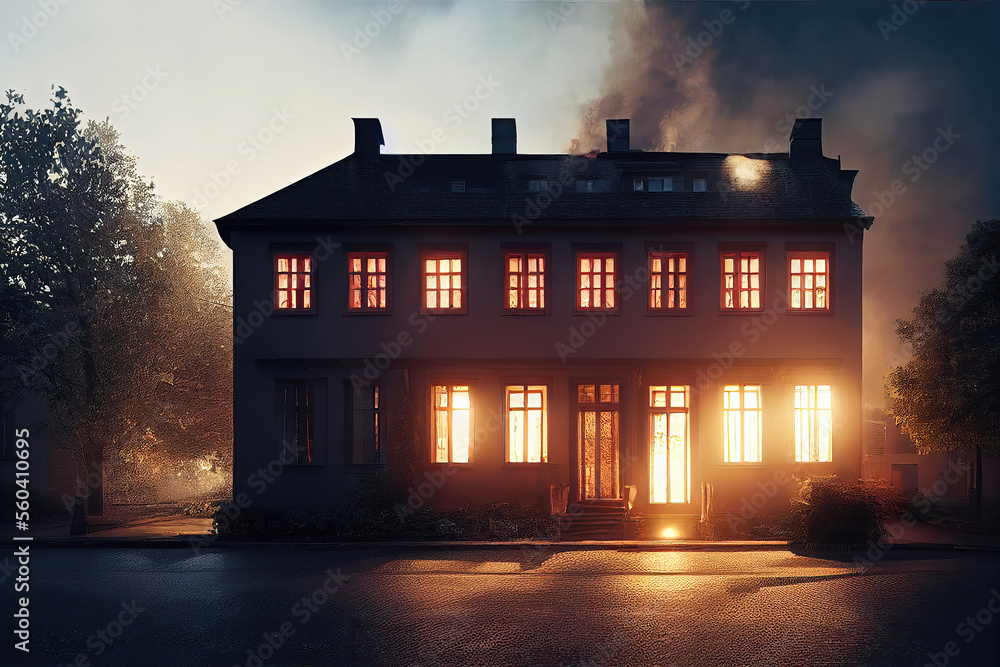 House fire with hot flames in burning building (Generative AI) Stock ...
