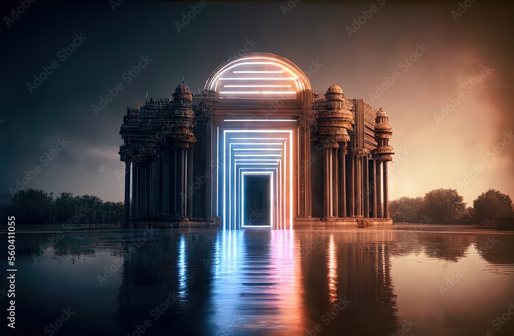 Futuristic scifi temple hall and altar with column and design from ...