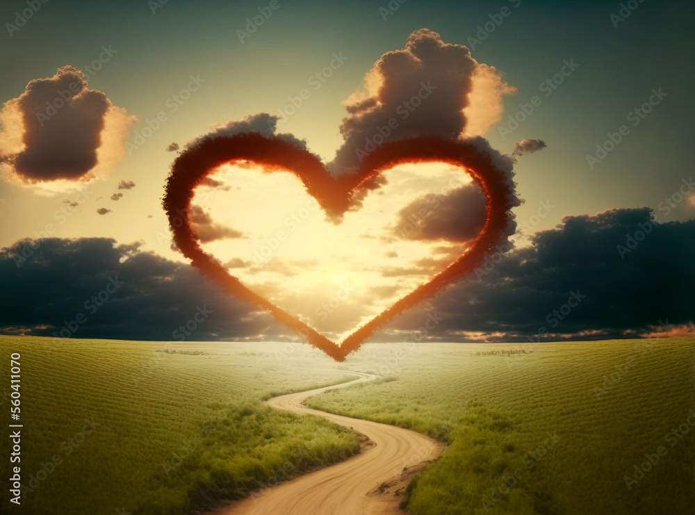 Road leading to heart in the clouds , Generative AI illustration ...