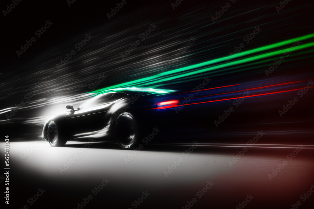 Futuristic clean energy car driving fast with colorful light trails ...