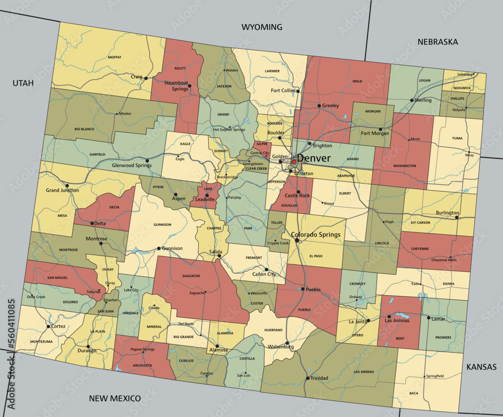 Colorado - Highly detailed editable political map with labeling. Stock ...