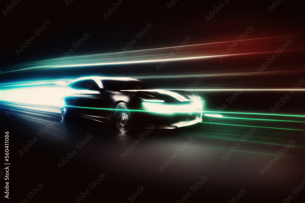 Futuristic clean energy car driving fast with colorful light trails ...