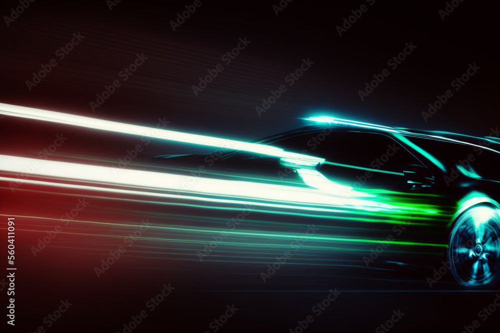 Futuristic clean energy car driving fast with colorful light trails ...