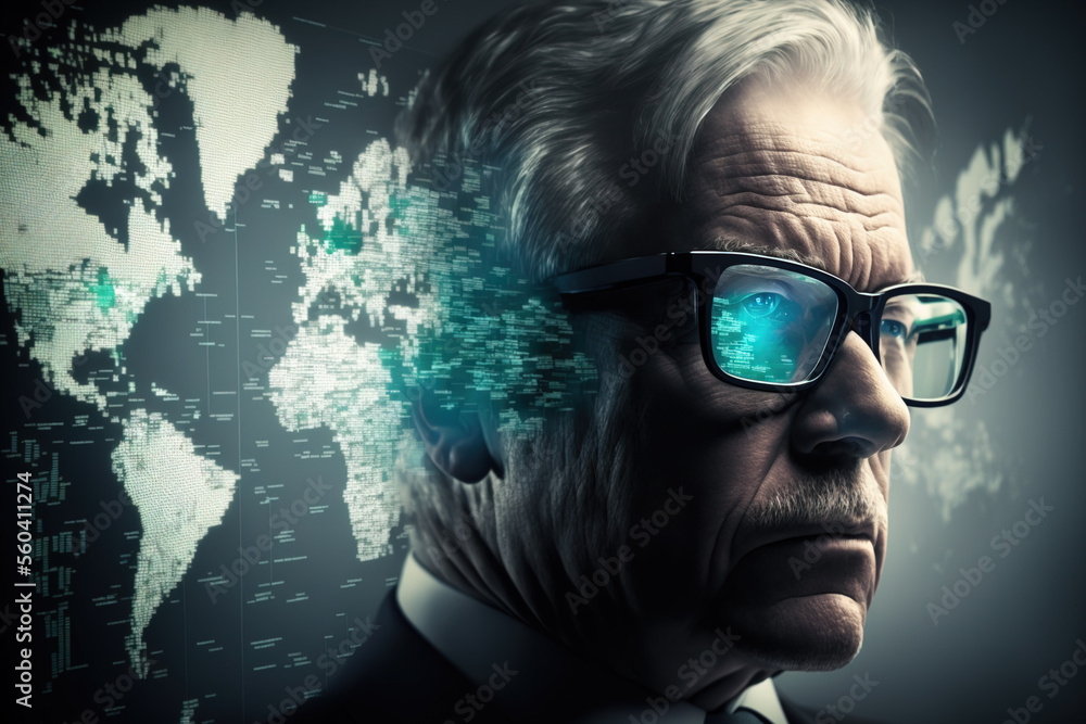 Globalization concept, Senior businessman portrait in front of world ...