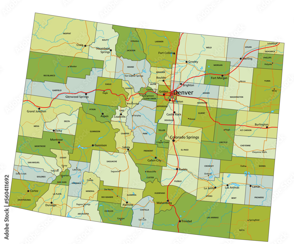 Highly detailed editable political map with separated layers. Colorado ...