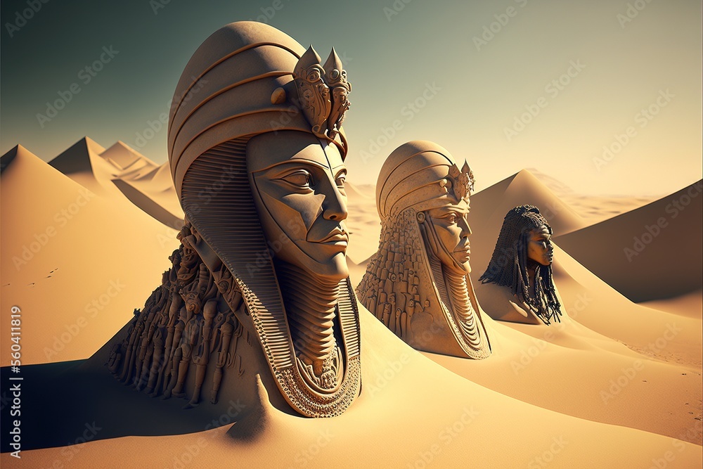 Ancient Egyptian statue in the desert. Ancient pharaohs and warriors in ...