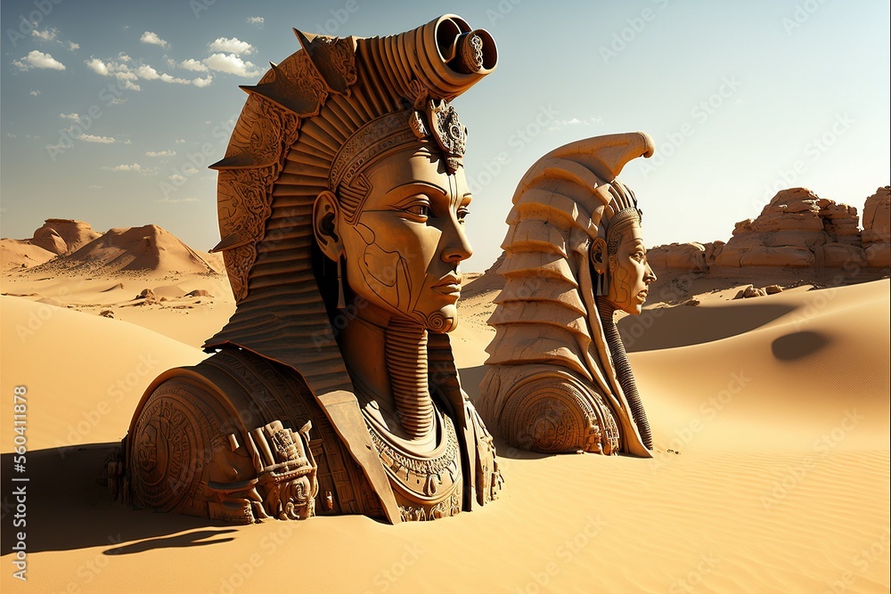 Ancient Egyptian statue in the desert. Ancient pharaohs and warriors in ...