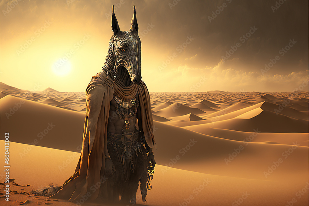 Ancient Egyptian god of death Anubis in the desert. Anubis is the lord ...