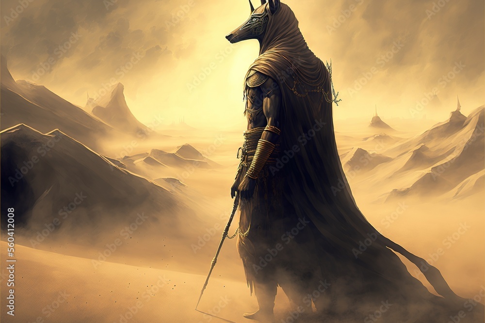 Ancient Egyptian god of death Anubis in the desert. Anubis is the lord ...