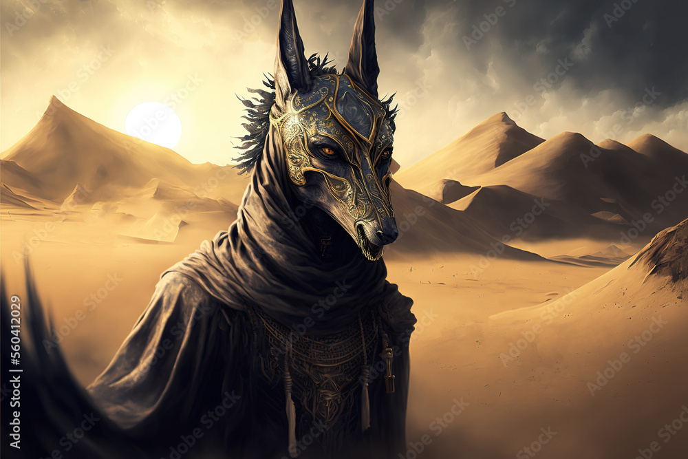 Ancient Egyptian god of death Anubis in the desert. Anubis is the lord ...