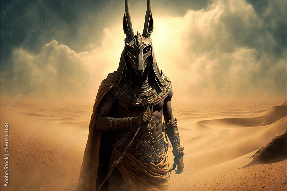 Ancient Egyptian god of death Anubis in the desert. Anubis is the lord ...