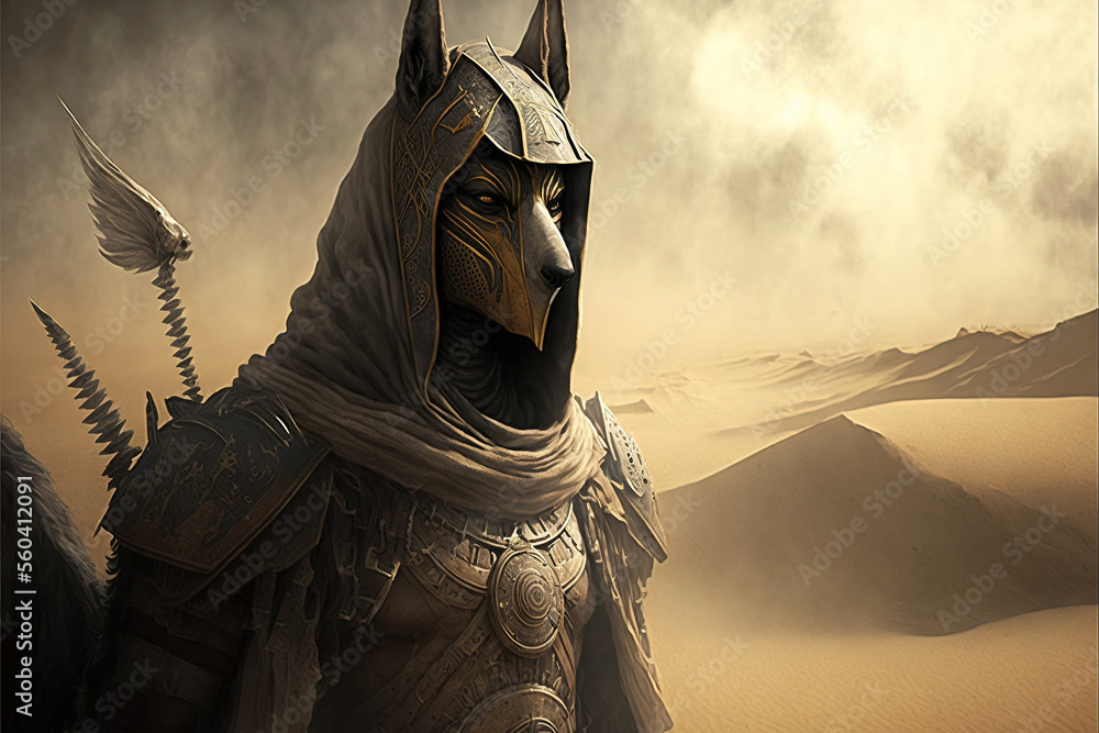Ancient Egyptian god of death Anubis in the desert. Anubis is the lord ...