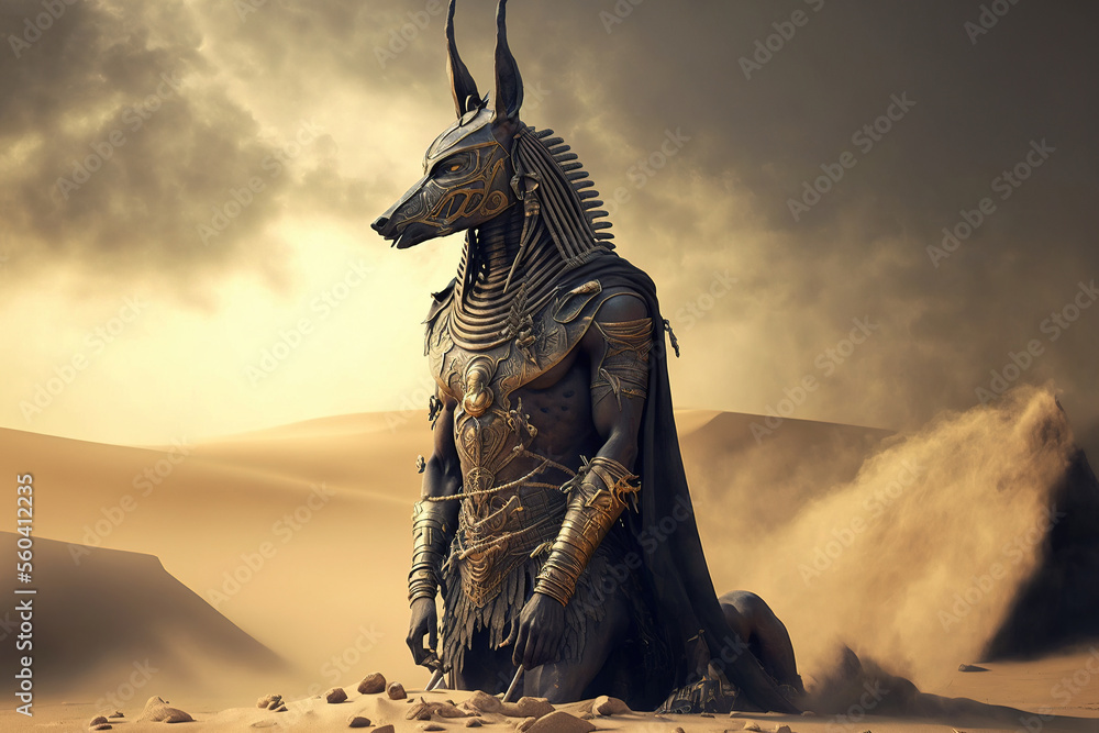 Ancient Egyptian god of death Anubis in the desert. Anubis is the lord ...