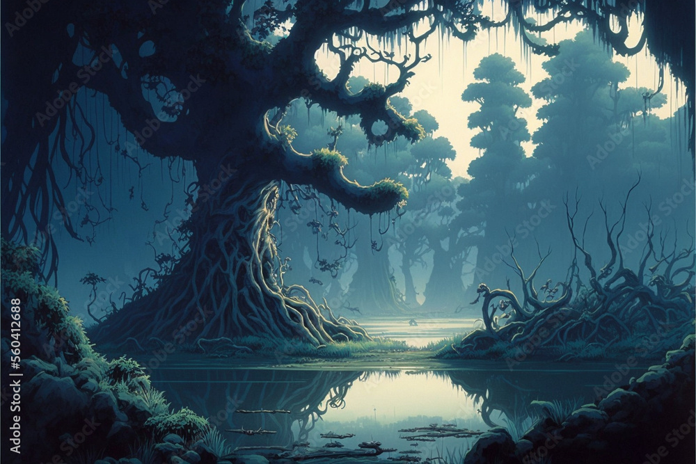 A mysterious swamp. Superb anime-styled and DnD environment Stock ...