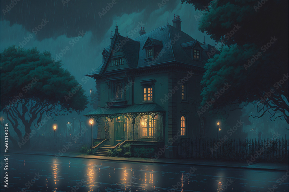 Beautiful house under the rain. Superb anime-styled and DnD environment ...