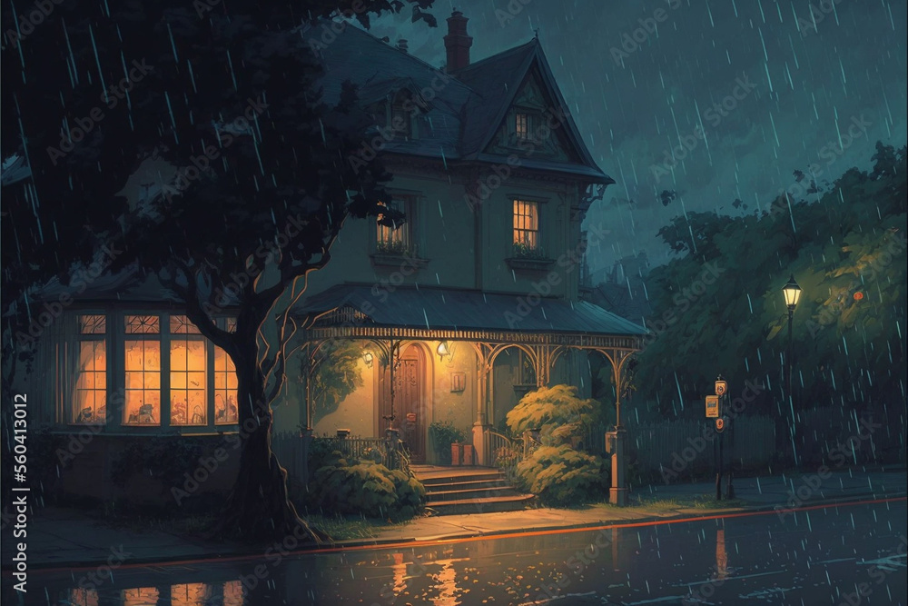 Rainy day. Superb anime-styled and DnD environment Stock Illustration ...