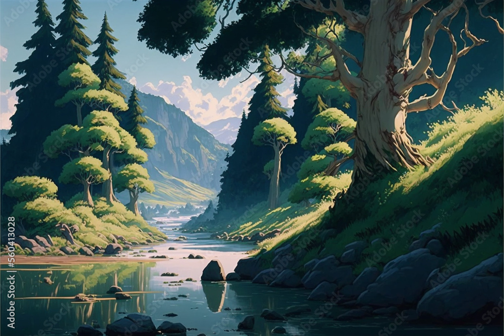 Calm stream in the valley. Superb anime-styled and DnD environment ...