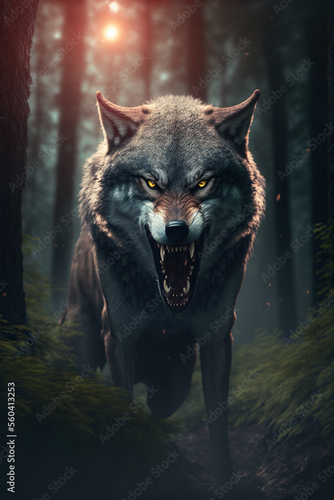 angry wolf with mouth open and sharp teeth. generative ai Stock ...