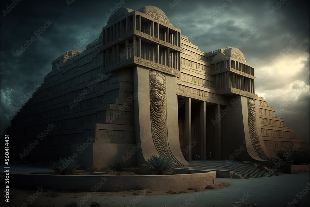 Architecture of Ancient Babylon, ancient temple, neon illumination ...