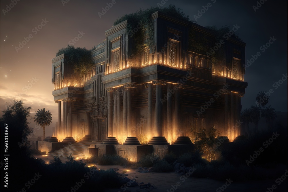 Architecture of Ancient Babylon, ancient temple, neon illumination ...