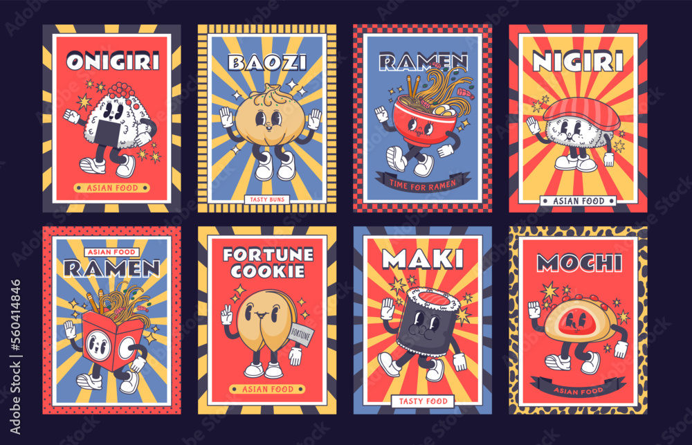 Asian food emblem. Japanese mochi, onigiri and ramen poster with mascot ...