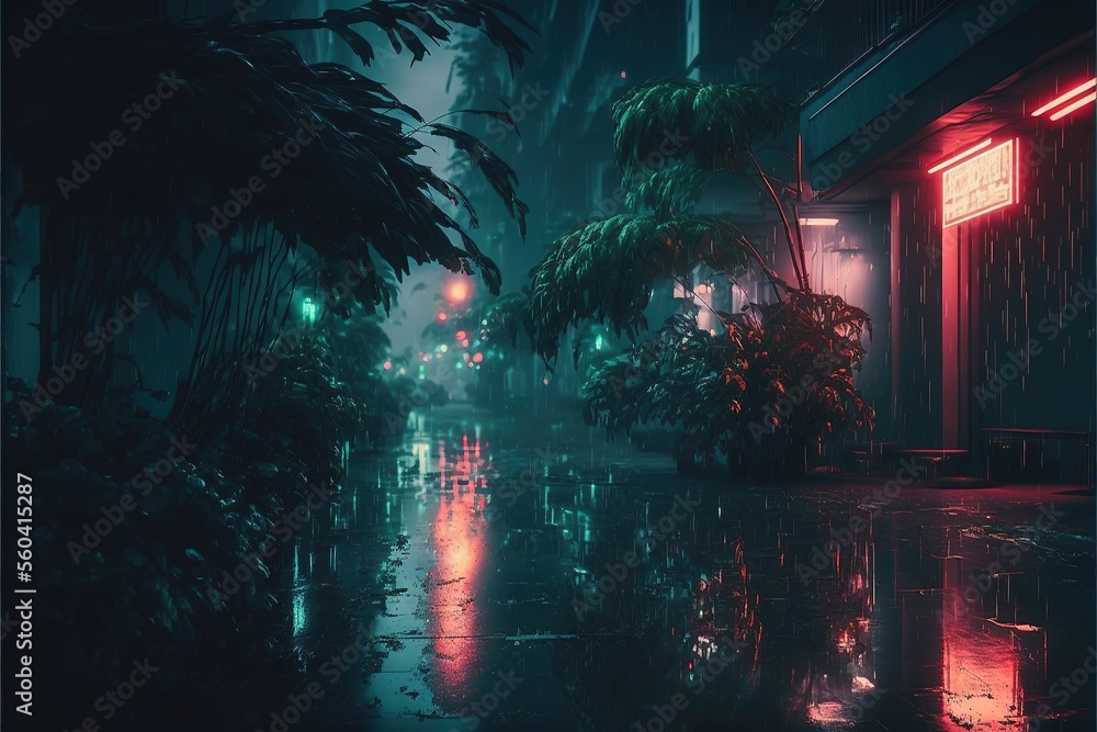 Night tropical city in cyberpunk style, neon light, tropical plants ...