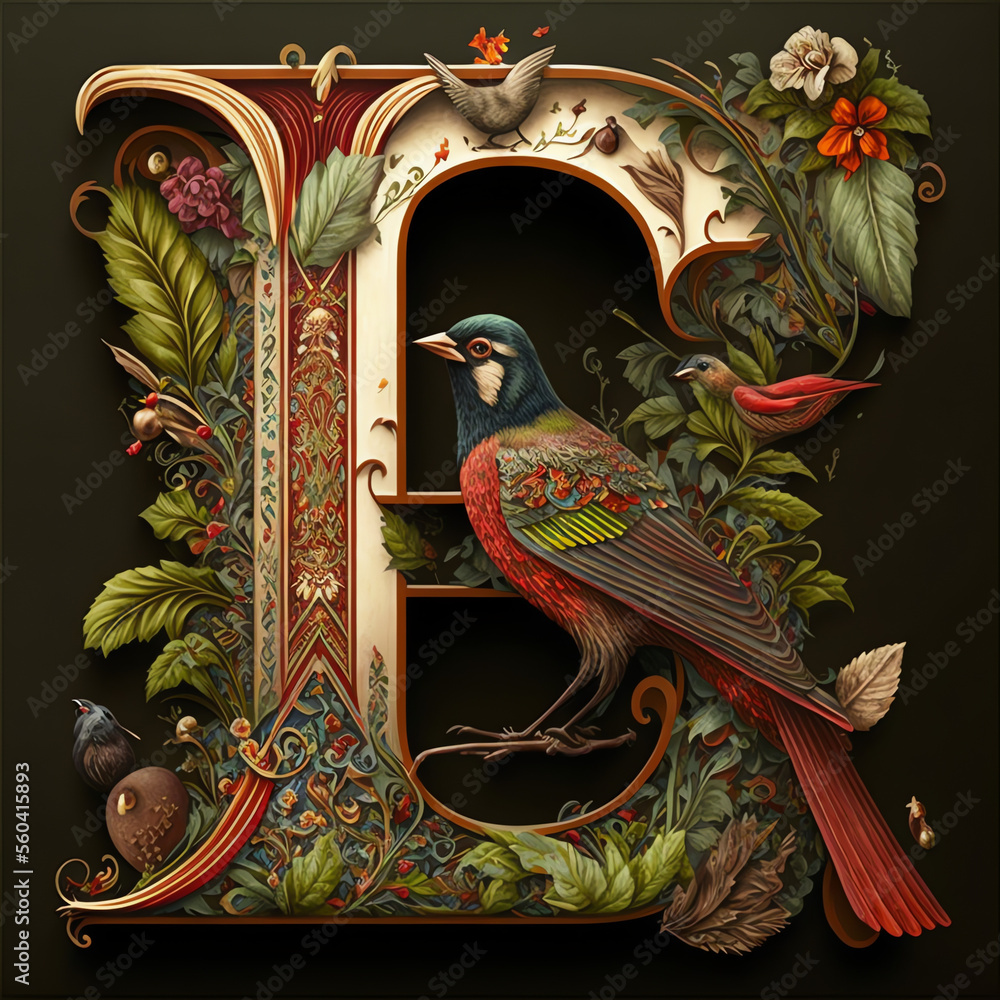 Illuminated letter E font, Birds, Generative AI Stock Illustration ...