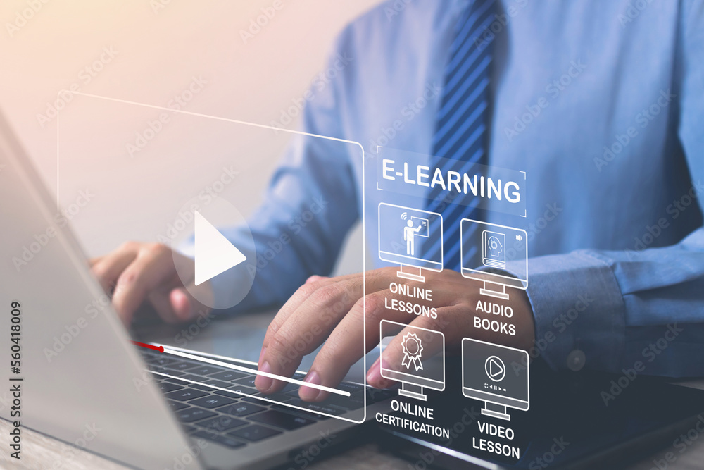 E-learning concept.Business man using laptop computer study online ...