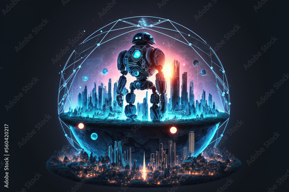 Robot standing at the interactive table with hologram of smart city ...