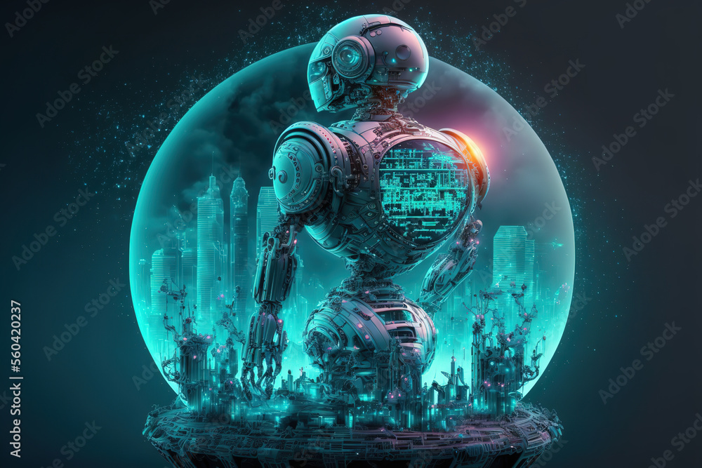 Robot standing at the interactive table with hologram of smart city ...