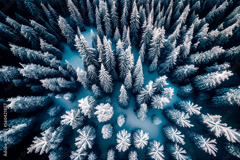 Drone view of winter landscape with pine forest covered with snow ...