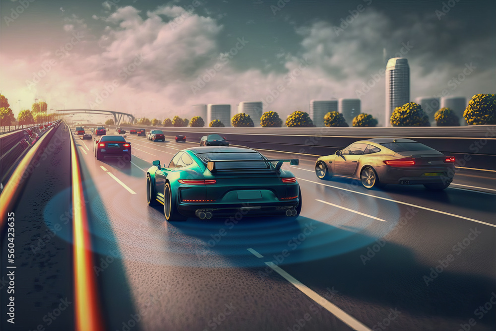 Autonomous car with with graphic sensor signal. Self-driving vehicle on ...