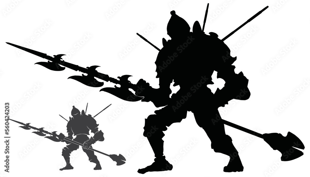 The black silhouette of a giant golem knight with an unusual halberd ...