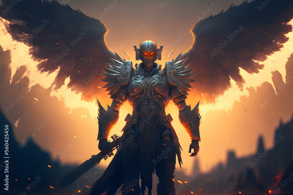Battle archangel warrior in armor. Big wings on his back, Angel of ...