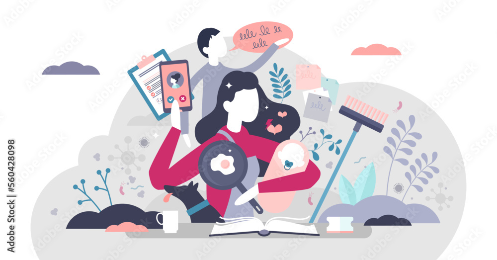 Busy mom illustration, transparent background. Mother routine house ...