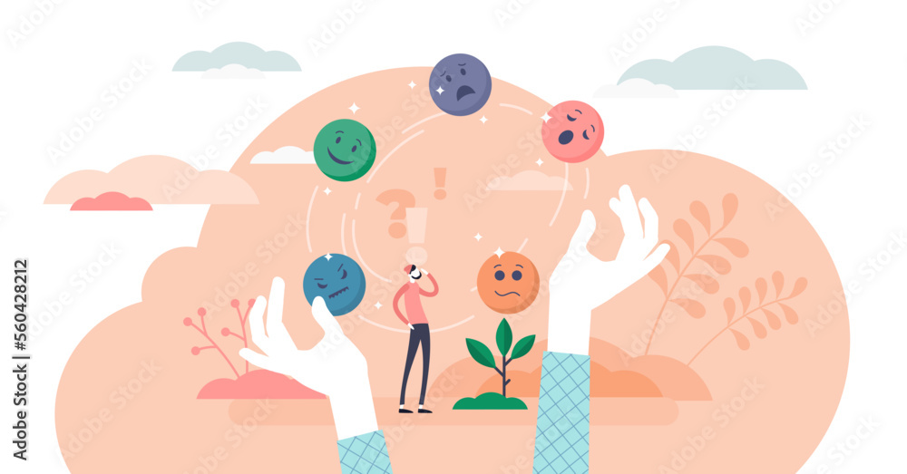 Juggling emotions, flat tiny persons illustration, transparent ...
