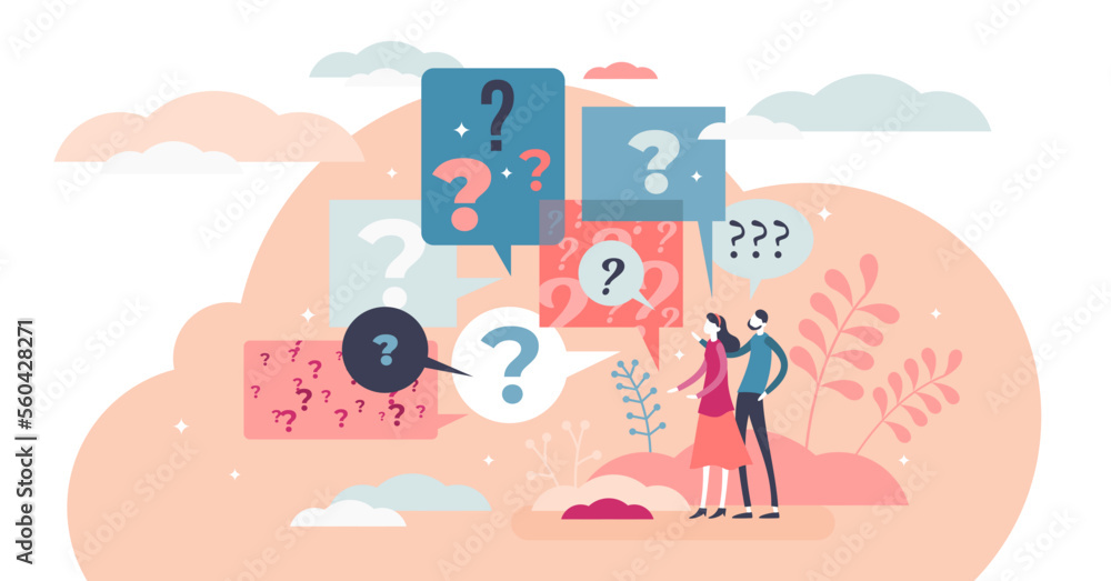 Questions concept, flat tiny person illustration abstract art scene ...