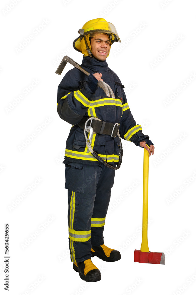 Full body of young brave man in uniform and hardhat of firefighter ...