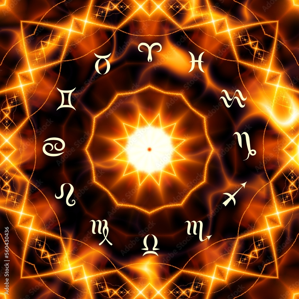 Magic circle with zodiacs sign on abstract black background. Stock ...