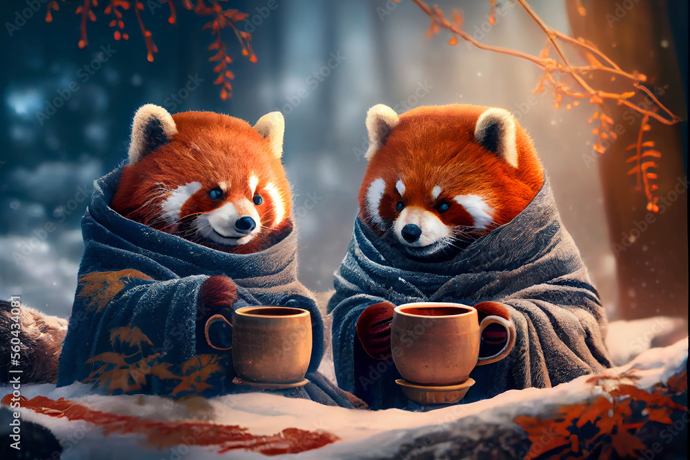 Two red pandas wrapped up in a cozy blanket, telling each other stories ...