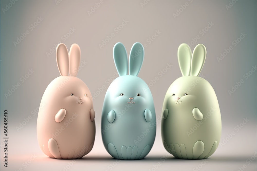 three different colored plastic rabbits sitting next to each other on a ...