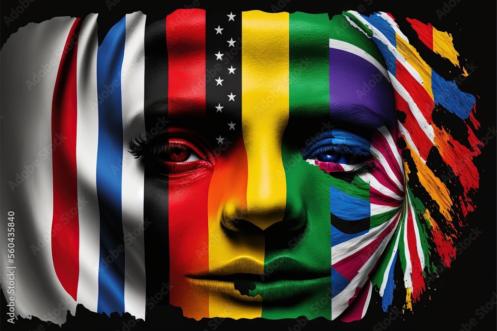 a generated woman with a multicolored face and a flag on her face is ...
