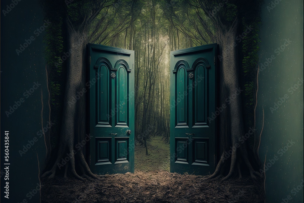 a green door is open in a dark forest with trees and dirt on the ground ...