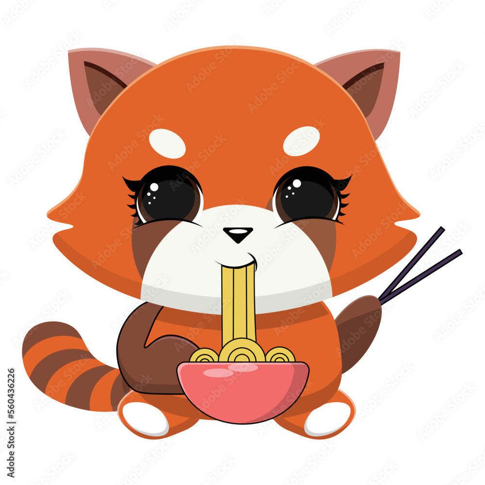 Cute Red Panda Eating Ramen Noodles Vector Icon Illustration. Animal ...