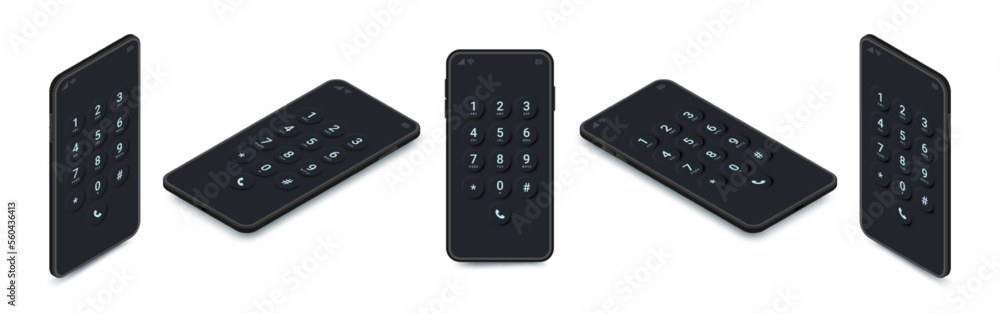 Dial screen on smartphone, black phones isometric set. Realistic mobile ...
